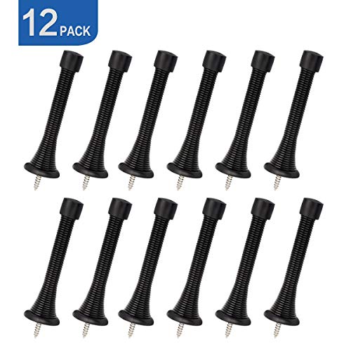 HOMOTEK 12 Pack Black Spring Door Stops,3-1/8" Heavy Duty Door Stop - Flexible Spring Door Stopper with Low Mounted Black Rubber Bumper Tips