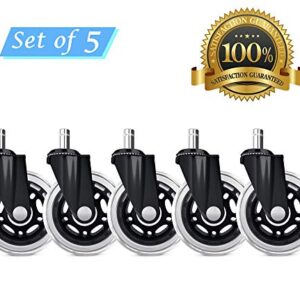 Office Chair Caster Wheels Set of 5 Heavy Duty & Safe for All Floors Including Hardwood 3" Rubber Replacement for Desk Floor Mats