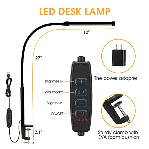 Voncerus LED Desk lamp with Clamp, Eye-Caring Clip on Lights for Home Office, 3 Modes 10 Brightness, Long Flexible Gooseneck,Metal, Swing Arm Architect Task Table Lamps with USB Adapter, Black