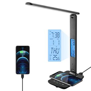 poukaran desk lamp, led desk lamp with wireless charger, usb charging port, table lamp with clock, alarm, date, temperature, office lamp, desk lamps for home office,black