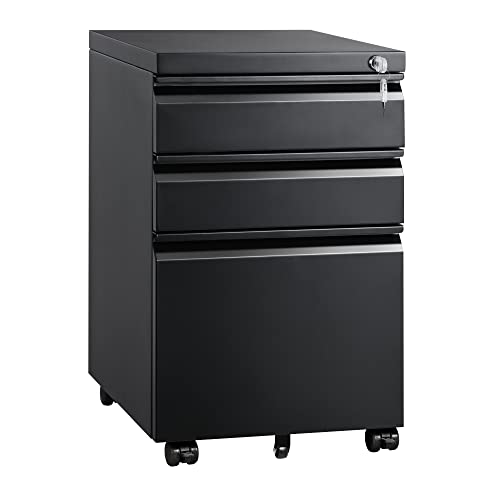 DEVAISE 3 Drawer Mobile File Cabinet with Lock, Under Desk Metal Filing Cabinet for Legal/Letter/A4 File, Fully Assembled Except Wheels, Black