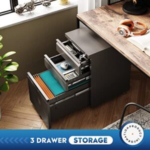 DEVAISE 3 Drawer Mobile File Cabinet with Lock, Under Desk Metal Filing Cabinet for Legal/Letter/A4 File, Fully Assembled Except Wheels, Black