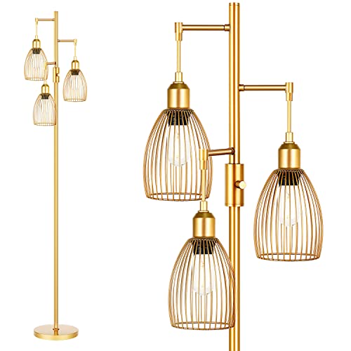 Dimmable Floor Lamp, Industrial Floor Lamps for Living Room, Gold Tree Lamp Standing Lamp Tall Lamps with 3 Elegant Teardrop Cage Head & 800 Lumens LED Bulbs for Living Room Bedroom Office