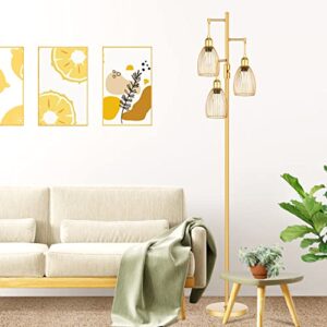 Dimmable Floor Lamp, Industrial Floor Lamps for Living Room, Gold Tree Lamp Standing Lamp Tall Lamps with 3 Elegant Teardrop Cage Head & 800 Lumens LED Bulbs for Living Room Bedroom Office