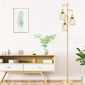 Dimmable Floor Lamp, Industrial Floor Lamps for Living Room, Gold Tree Lamp Standing Lamp Tall Lamps with 3 Elegant Teardrop Cage Head & 800 Lumens LED Bulbs for Living Room Bedroom Office