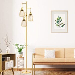 Dimmable Floor Lamp, Industrial Floor Lamps for Living Room, Gold Tree Lamp Standing Lamp Tall Lamps with 3 Elegant Teardrop Cage Head & 800 Lumens LED Bulbs for Living Room Bedroom Office