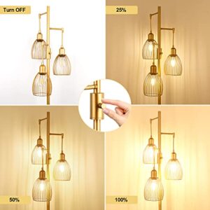 Dimmable Floor Lamp, Industrial Floor Lamps for Living Room, Gold Tree Lamp Standing Lamp Tall Lamps with 3 Elegant Teardrop Cage Head & 800 Lumens LED Bulbs for Living Room Bedroom Office