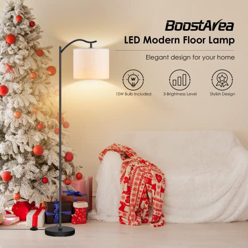 BoostArea Floor Lamp for Living Room,15W LED Arched Floor Lamp,Tall Modern Standing Lamp with Linen Shade,3 Brightness Levels,E26 Socket,Footswitch,Mid Century Floor Lamp for Bedrooms,Office