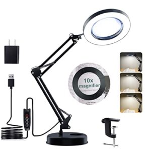 magnifying glass with light and stand, 10x magnifying lamp, 2-in-1 desk magnifier with light, craft light lamp with 3 color modes, led lighted magnifier with light for close work reading repair crafts