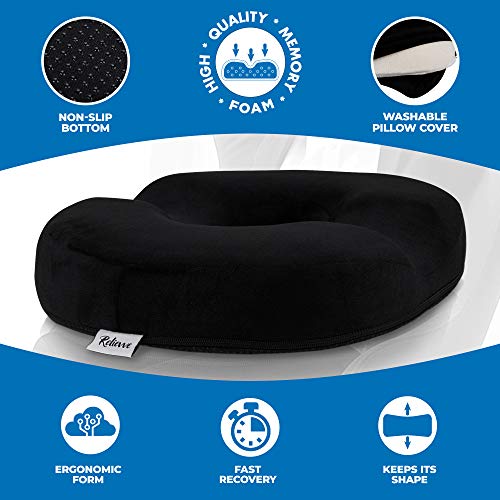 RELIEVVE Donut Pillow for Tailbone Pain Relief, Hemorrhoid Pillow Cushion for Hemorroid Treatment, Prostate, Bed Sores, Pregnancy, Post Natal & More. Firm Density Lifting Cushion