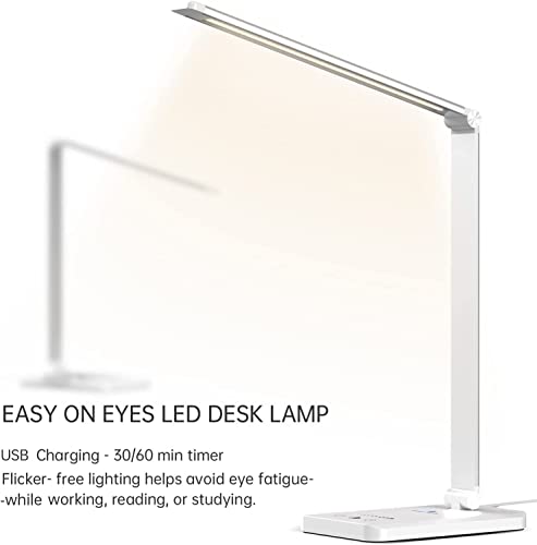 Ambertronix LED Desk Lamp with USB Charging Port, Dimmable Eye-Caring Reading Desk Light for Home, with 5 Brightness Level & 3 Lighting Modes, Touch Control, Auto Timer (White)