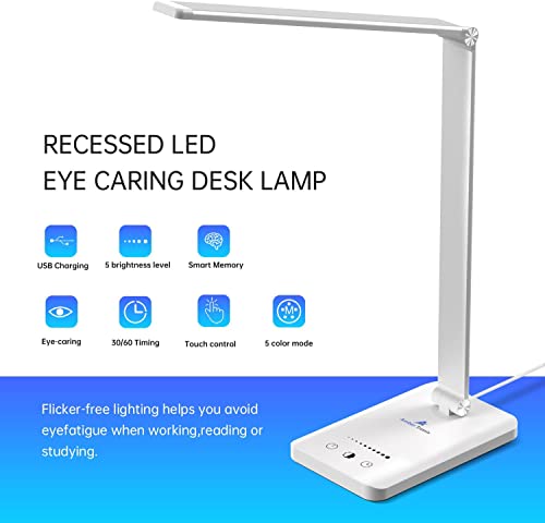 Ambertronix LED Desk Lamp with USB Charging Port, Dimmable Eye-Caring Reading Desk Light for Home, with 5 Brightness Level & 3 Lighting Modes, Touch Control, Auto Timer (White)