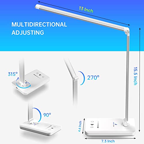 Ambertronix LED Desk Lamp with USB Charging Port, Dimmable Eye-Caring Reading Desk Light for Home, with 5 Brightness Level & 3 Lighting Modes, Touch Control, Auto Timer (White)