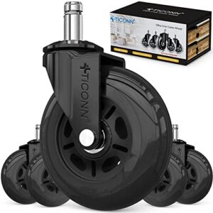 ticonn office chair caster wheels set of 5 for tile, hardwood floors and carpets, universal fit for most chairs not compatible for ikea (black)