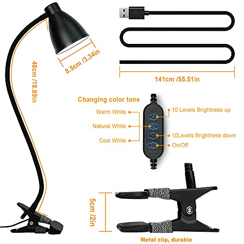 BOHON Desk Lamp 3 Color Modes 10 Brightness Dimmer Reading Light 10W 38 LED Clamp Lamp with Auto Off Timer 360° Flexible Gooseneck Clip on Light for Bed Bedside, AC Adapter Include