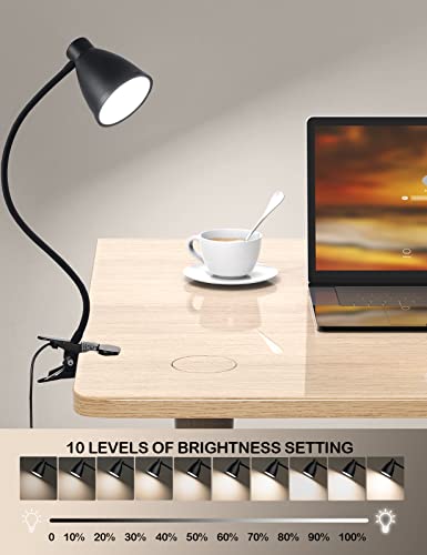 BOHON Desk Lamp 3 Color Modes 10 Brightness Dimmer Reading Light 10W 38 LED Clamp Lamp with Auto Off Timer 360° Flexible Gooseneck Clip on Light for Bed Bedside, AC Adapter Include