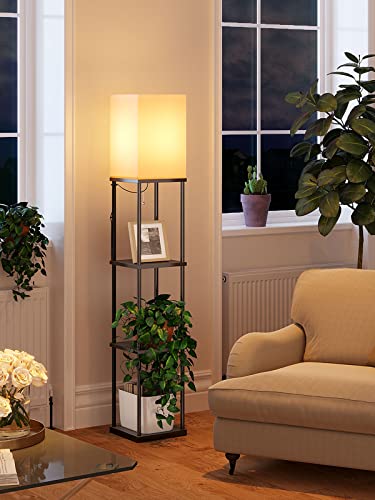 addlon LED Modern Shelf Floor Lamp with 3CCT LED Bulb and White Lamp Shade - Display Floor Lamps with Shelves for Living Room, Bedroom and Office - Black