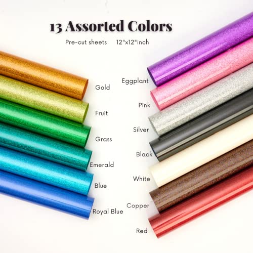 FANSGUAR Glitter HTV Heat Transfer Vinyl 12"x12" Bundle 13 Sheets Iron on Vinyl for T-Shirts Gifts Design(Assorted)