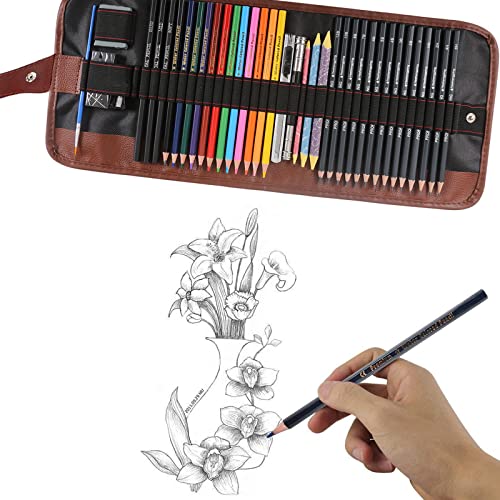 Heshengping, Sketching Pencil Set Drawing Pen Charcoal Sketch Kit Cover Graphite Pencils Charcoal Pencils Watercolor Pencils Paper Erasable Pen Beginners Artist Children and Adults(39pcs Art Supplies)