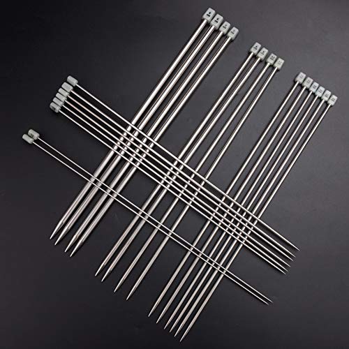 Knitting Needle Set, BCMRUN 22PCS 2mm(B)-8mm(L) Straight Single Pointed Stainless Steel Sweater Needles Set(11Pair-11 Size,9.8 inch) with Locking Stitch Makers Large-Eye Needles Measure Tape (36CM)