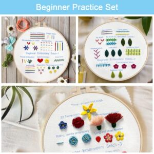 Embroidery Kit Beginners Embroidery Stitch Practice kit, chfine 3 Sets Hand Embroidery Starter Kit with 1 Hoop Learn 25 Different Stitches for Craft Lover Adult Stitch with Embroidery Skill Techniques