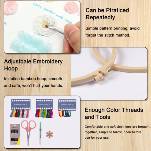 Embroidery Kit Beginners Embroidery Stitch Practice kit, chfine 3 Sets Hand Embroidery Starter Kit with 1 Hoop Learn 25 Different Stitches for Craft Lover Adult Stitch with Embroidery Skill Techniques