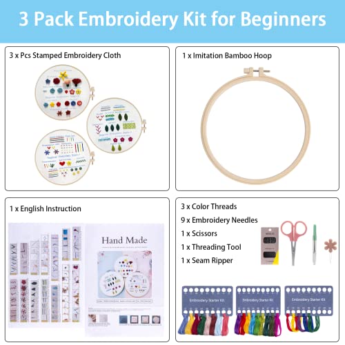 Embroidery Kit Beginners Embroidery Stitch Practice kit, chfine 3 Sets Hand Embroidery Starter Kit with 1 Hoop Learn 25 Different Stitches for Craft Lover Adult Stitch with Embroidery Skill Techniques