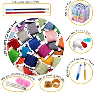 262 Pack Embroidery Thread Floss Set Including 200 Colors 8 M/Pcs Cross Stitch Sewing Thread with Floss Bins and 62 Pcs Cross Stitch Tool,4-Tier Transparent Storage Box