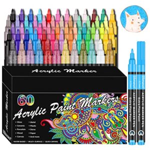 restly acrylic paint pens, 60 colors acrylic paint marker, 0.7mm extra fine paint pens for canvas, rock painting, wood, glass, metal, ceramic, stone