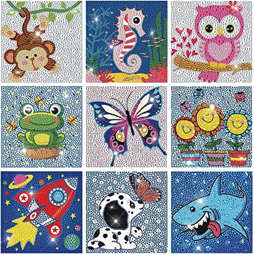 HUBENDMC 9 Pack 5D Diamond Painting Kits for Kids Cute Full Drill Diamond Art Kits for Beginners DIY Gem Arts and Crafts for Kids Ages 8-12 Diamond Dots for Home Wall Decor 6X6 inch