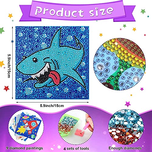 HUBENDMC 9 Pack 5D Diamond Painting Kits for Kids Cute Full Drill Diamond Art Kits for Beginners DIY Gem Arts and Crafts for Kids Ages 8-12 Diamond Dots for Home Wall Decor 6X6 inch