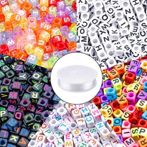 1400pcs 5 color acrylic alphabet cube beads letter beads with 1 roll 50m crystal string cord for jewelry making（6mm）