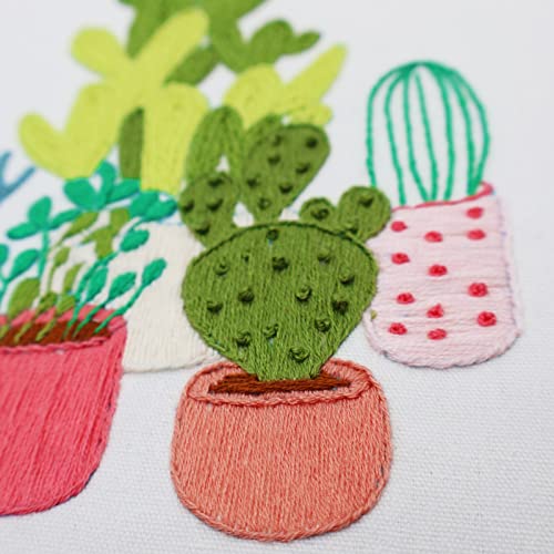 Highkick Embroidery Starter Kits for Adults Beginners with Stamped Pattern, Embroidery Floss + Needles + Hoop, Cactus Series, 3 Pack