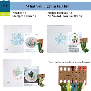 Highkick Embroidery Starter Kits for Adults Beginners with Stamped Pattern, Embroidery Floss + Needles + Hoop, Cactus Series, 3 Pack