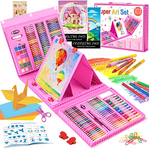 Art Supplies, 272 Pack Art Set Drawing Kit for Girls Boys Teens Artist, Deluxe Gift Art Box with Trifold Easel, Origami Paper, Coloring Book, Drawing Pad, Pastels, Crayons, Pencils, Watercolors(Pink)