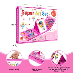 Art Supplies, 272 Pack Art Set Drawing Kit for Girls Boys Teens Artist, Deluxe Gift Art Box with Trifold Easel, Origami Paper, Coloring Book, Drawing Pad, Pastels, Crayons, Pencils, Watercolors(Pink)