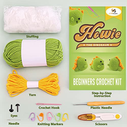 PP OPOUNT Beginner Crochet Kit - Cute Dinosaur, Complete Crochet Kit for Beginners, Starter Pack for Adults and Kids, Bundle Includes Yarn, Hook, Needles, Scissors, Accessories