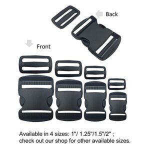 EesTeck 2 Set 1.5 Inch Flat Dual Adjustable Plastic Quick Side Release Plastic Buckles and Tri-glide Slides for Luggage Straps Pet Collar Backpack Repairing (Black, Fit For 1.5”/38mm Webbing Straps)