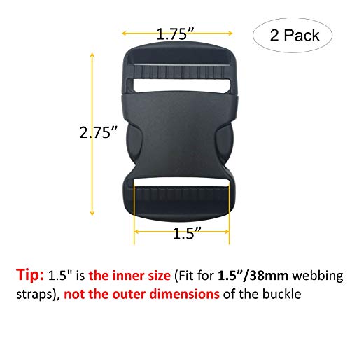 EesTeck 2 Set 1.5 Inch Flat Dual Adjustable Plastic Quick Side Release Plastic Buckles and Tri-glide Slides for Luggage Straps Pet Collar Backpack Repairing (Black, Fit For 1.5”/38mm Webbing Straps)