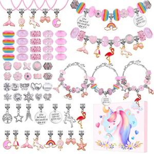 diy charm bracelet making kit, flasoo jewelry kit for teen girls with unicorn mermaid pink stuff craft gifts for birthday, christmas, new year