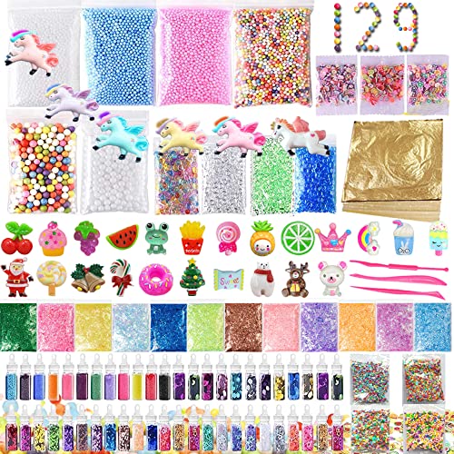 129 Pack Slime Making Kits Supplies,Gold Leaf,Foam Balls,Glitter Shake Jars,Fishbowl Beads,Fruit Slices,Fake Sprinkles,Glitter Sequins Accessories, Sugar Papers (Slime Kits)