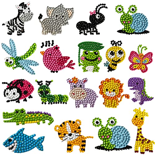 sinceroduct 5D Diamond Painting Stickers Kits for Kids Arts and Crafts, Cartoon Stickers Stick Paint with Diamonds by Numbers, 18Pcs Cute Insect, Animals, Easy to DIY