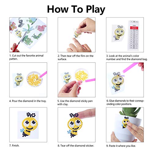 sinceroduct 5D Diamond Painting Stickers Kits for Kids Arts and Crafts, Cartoon Stickers Stick Paint with Diamonds by Numbers, 18Pcs Cute Insect, Animals, Easy to DIY