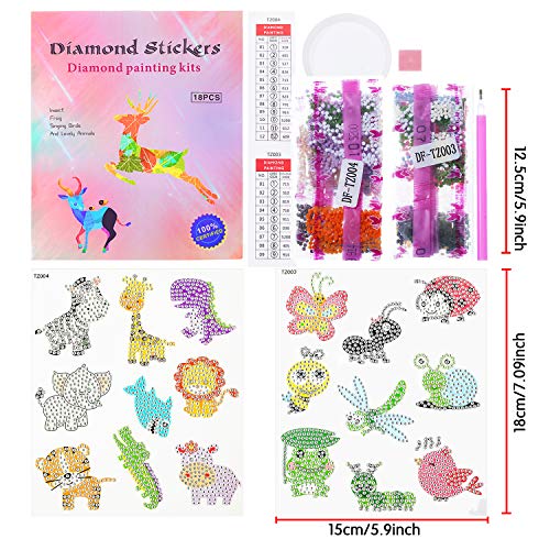 sinceroduct 5D Diamond Painting Stickers Kits for Kids Arts and Crafts, Cartoon Stickers Stick Paint with Diamonds by Numbers, 18Pcs Cute Insect, Animals, Easy to DIY