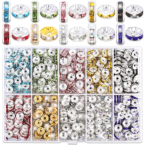 Rondelle Spacer Beads for Jewelry Making, 600 Pieces Rhinestone Spacer Beads Crystal Bead Spacers for Jewelry Making, Bracelets (10 Colors)