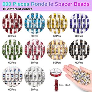 Rondelle Spacer Beads for Jewelry Making, 600 Pieces Rhinestone Spacer Beads Crystal Bead Spacers for Jewelry Making, Bracelets (10 Colors)