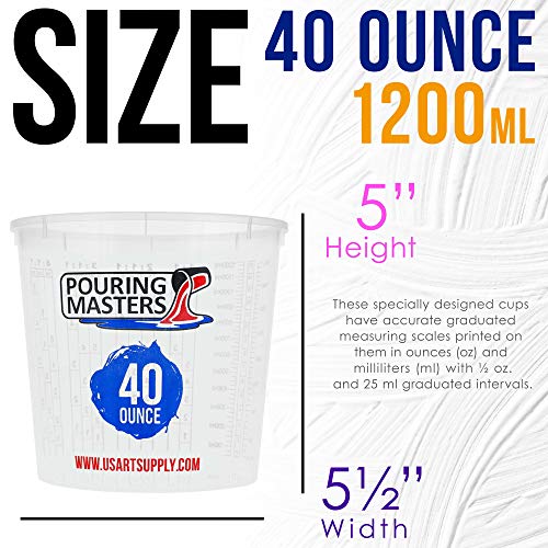 Pouring Masters 40 Ounce (1200ml) Graduated Plastic Mixing Cups (Box of 24) - Use for Paint, Resin, Epoxy, Art, Kitchen, Cooking, Baking - Measurements in OZ. and ML., 4 Different Measuring Ratios 1:1