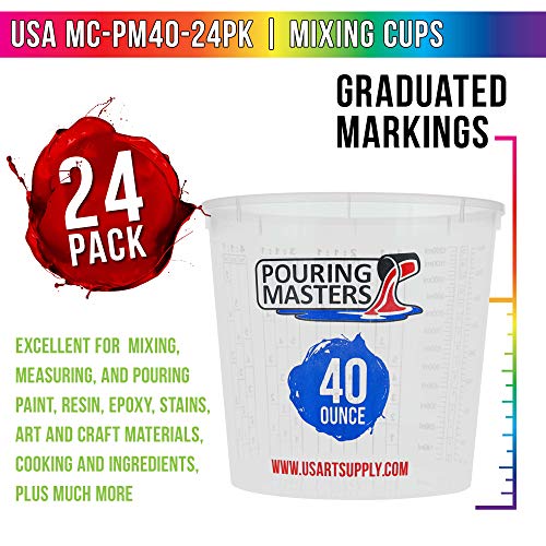 Pouring Masters 40 Ounce (1200ml) Graduated Plastic Mixing Cups (Box of 24) - Use for Paint, Resin, Epoxy, Art, Kitchen, Cooking, Baking - Measurements in OZ. and ML., 4 Different Measuring Ratios 1:1