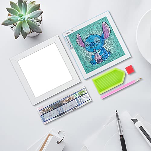 5D Diamond Painting Kit for Kids with Wooden Frame Easy Small Anime Diamond Painting Full Drill Diamond Art Gem Painting for Beginners 7X7 inch (Stitch)