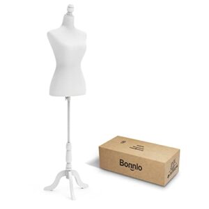 bonnlo female dress form pinnable mannequin body torso with wooden tripod base stand (white, 6)